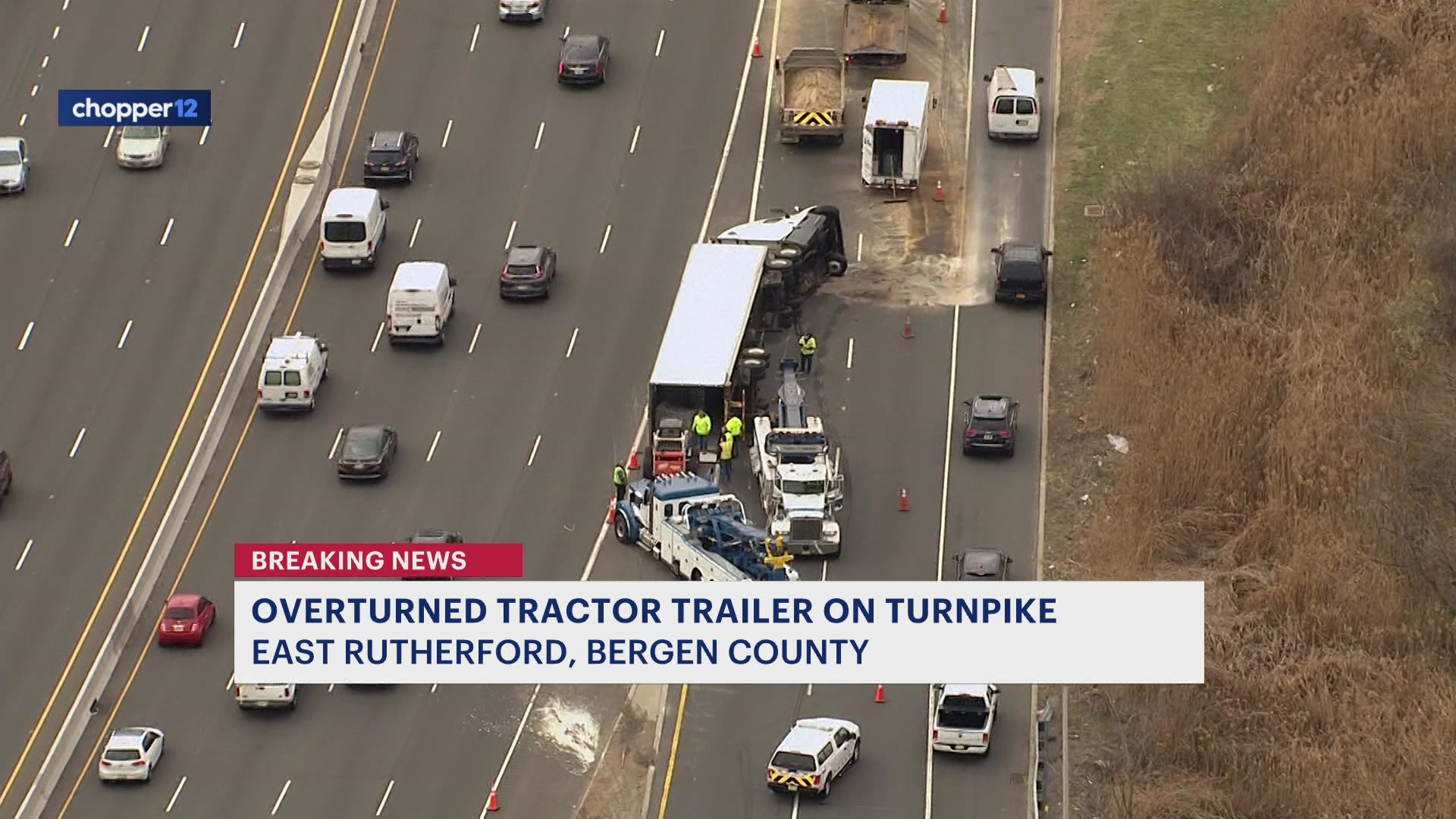 Tractor-trailer overturns on Route 3 westbound ramp in East Rutherford