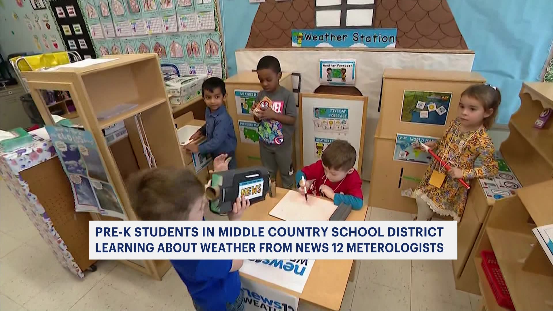Alex Calamia teaches pre-K students in Centereach about weather