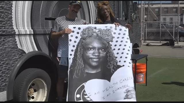 Evander Childs campus decorated with photos of students