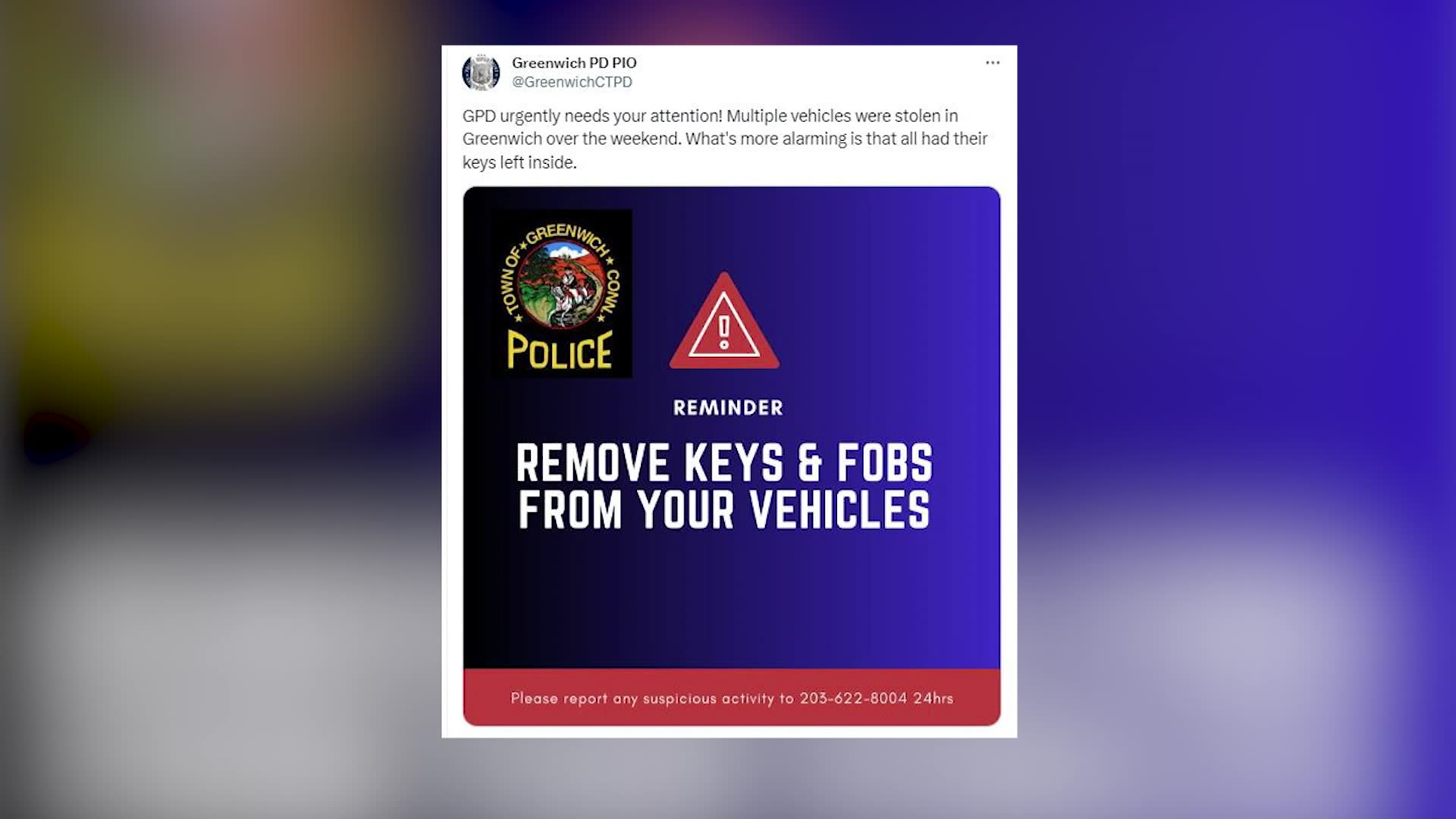 Greenwich police warn residents to remove keys, fob from cars following ...