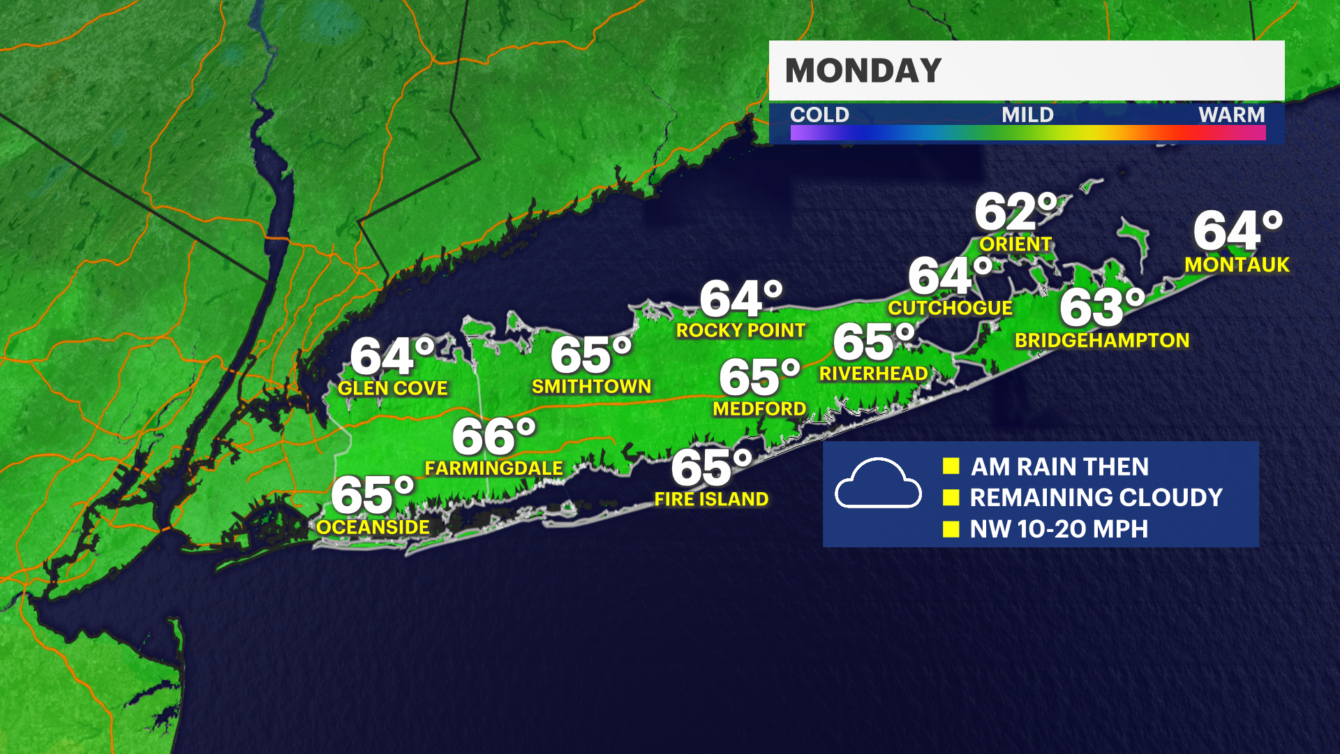 Wet and cloudy Monday morning on Long Island
