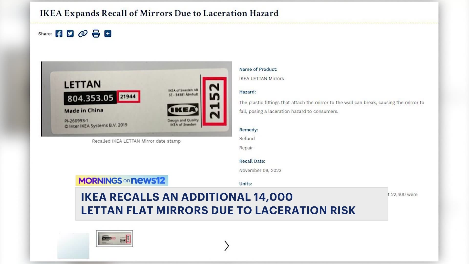 IKEA expands recall by an additional 14,000 mirrors due to laceration ...