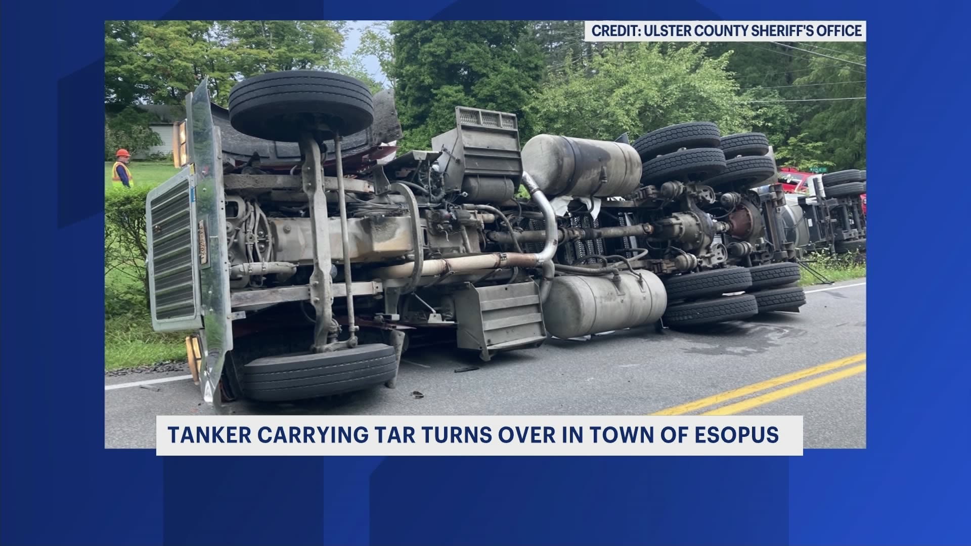 Tanker-truck full of tar turns over in Ulster County; driver suffers minor injuries