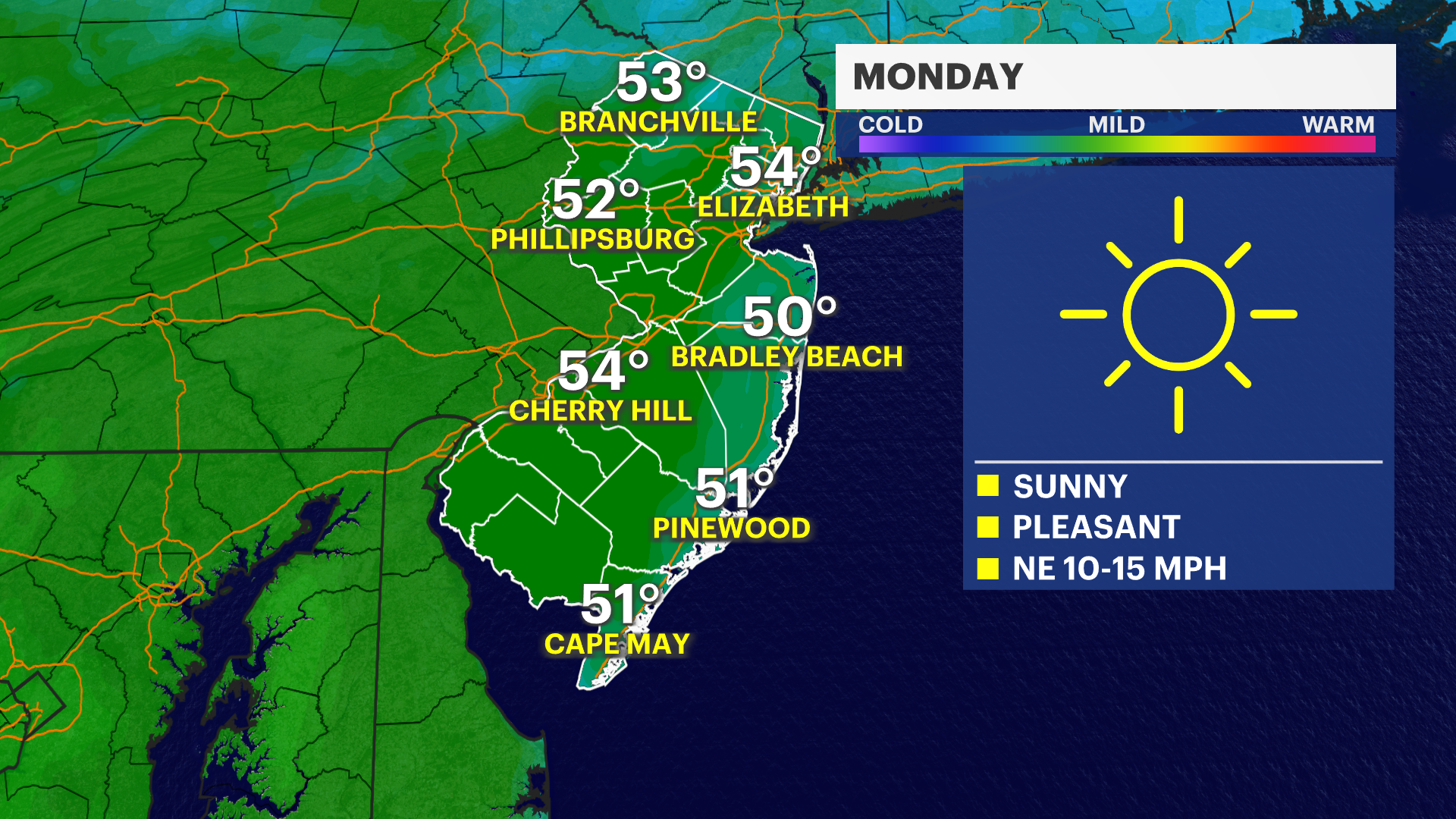 Sunny and mild Monday in New Jersey; coastal flood warning overnight