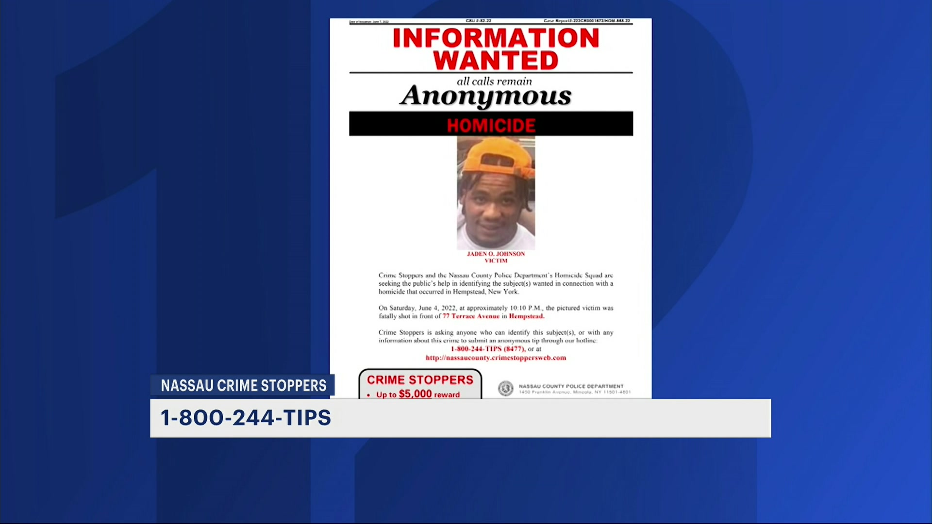 Reward offered for information on suspect in Hempstead murder
