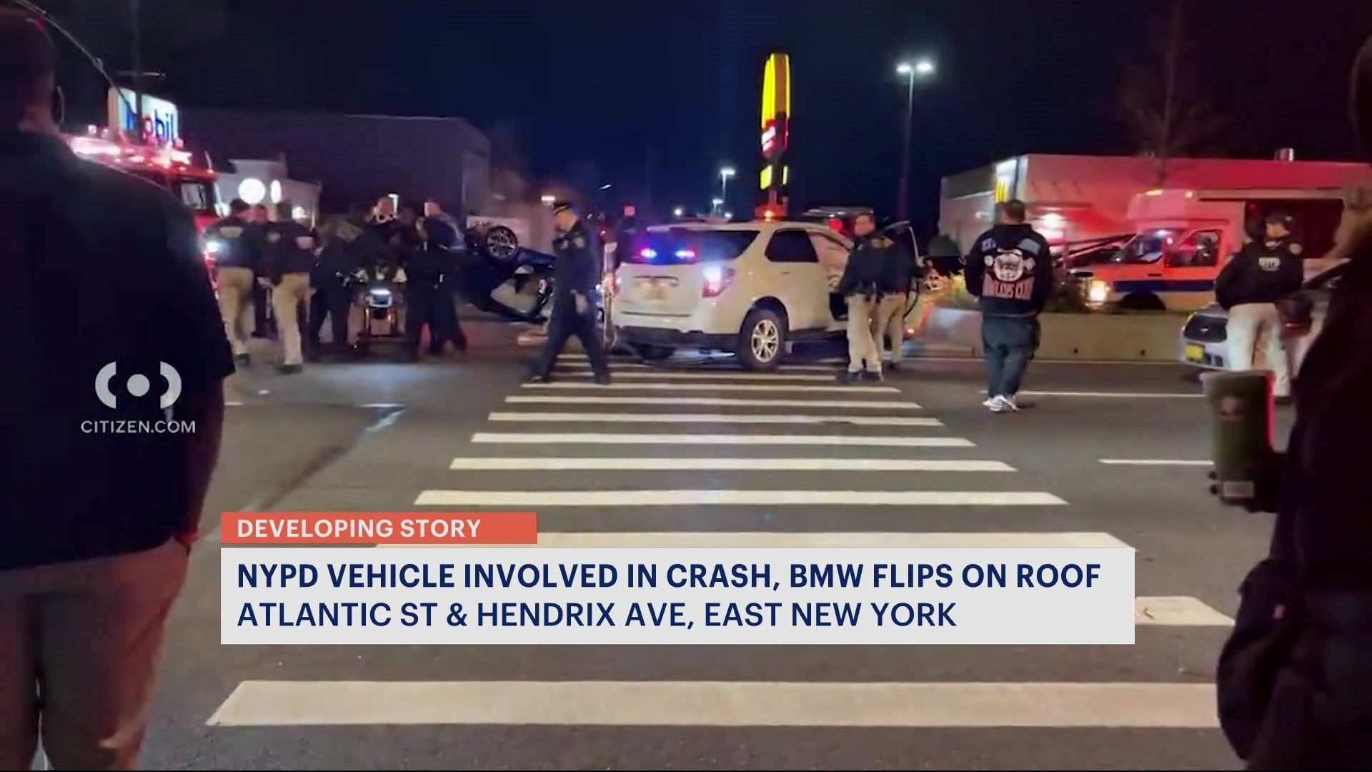 Police: BMW crashes into NYPD vehicle, overturns in East New York