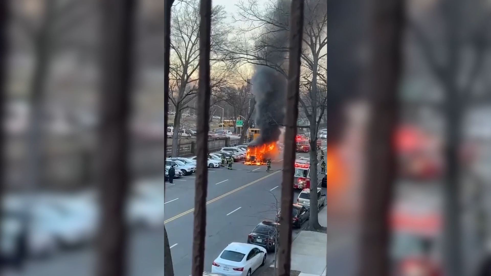 News 12 | Long Island | School Bus Engulfed In Flames In Williamsbridge