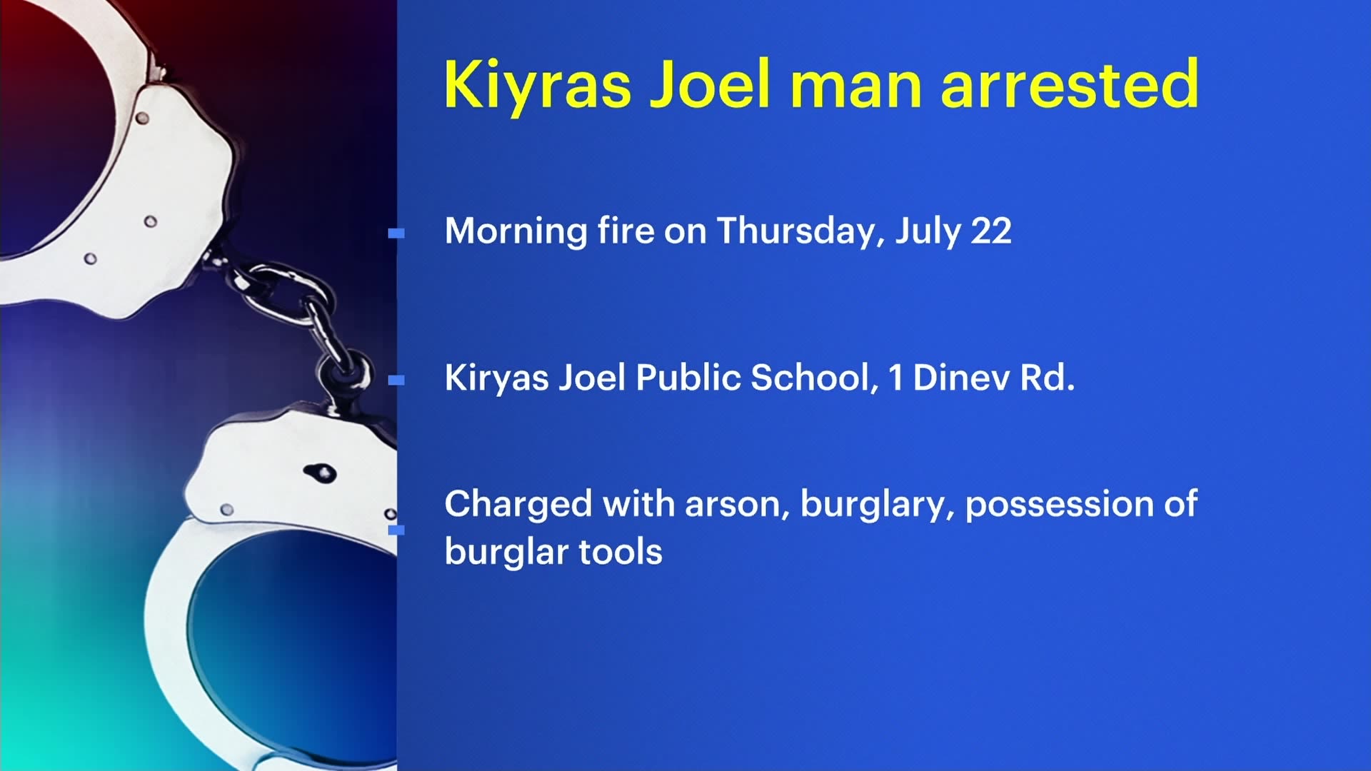 Kiryas Joel man arrested in connection to fire at Kiryas Joel Public School
