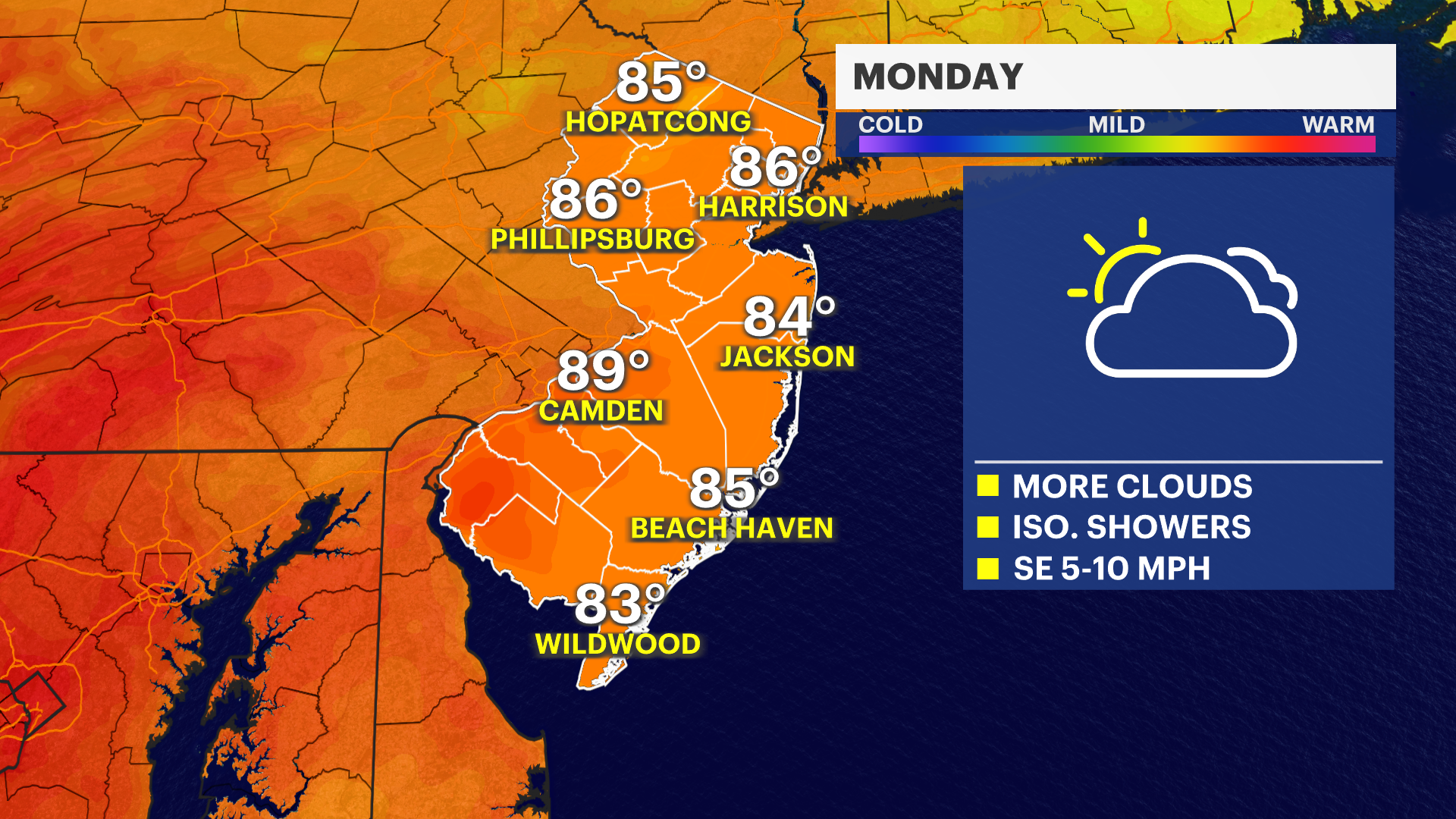 Overnight rain, mostly cloudy and muggy Monday in New Jersey