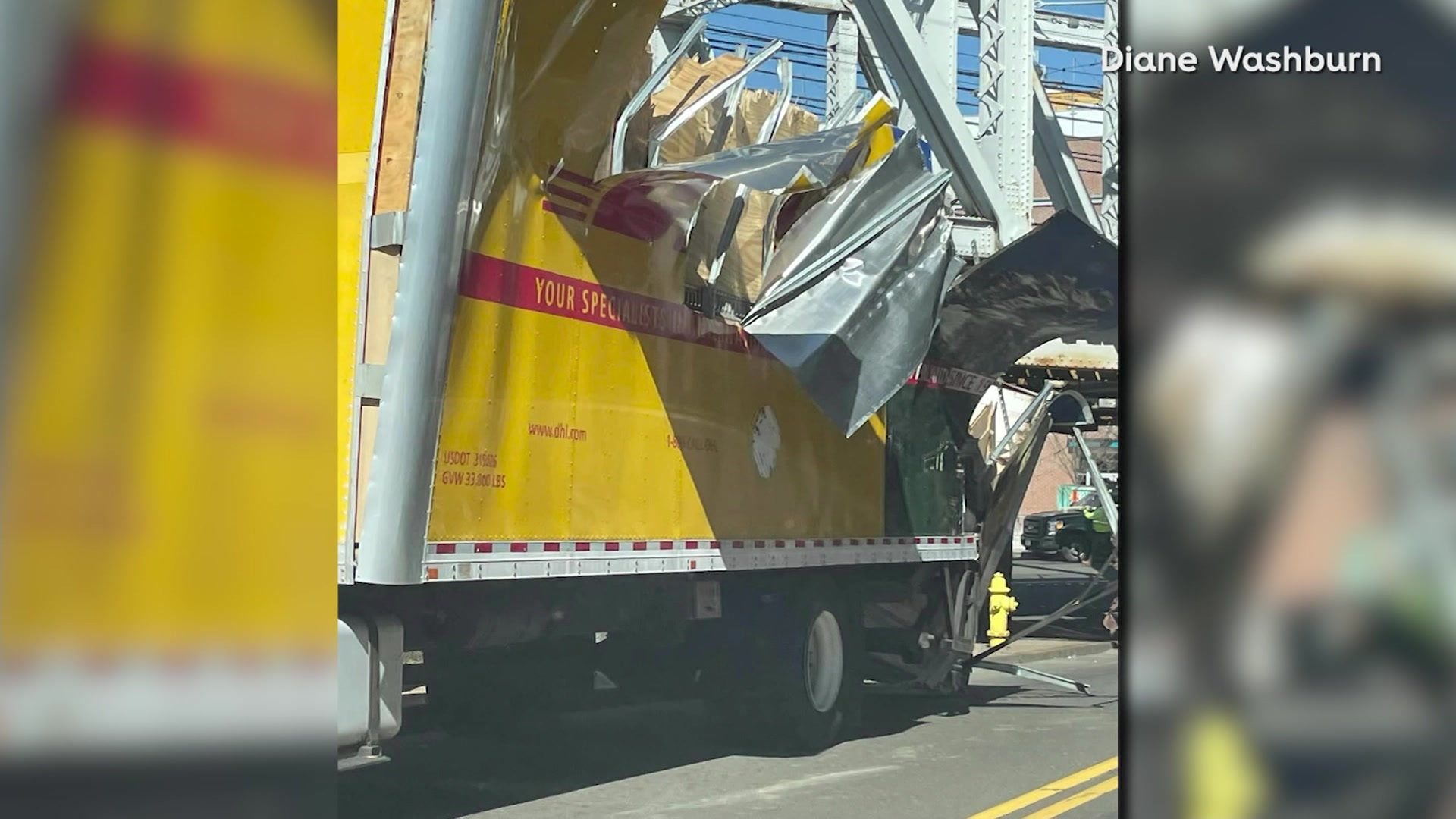 DHL truck damaged driving under bridge in Norwalk