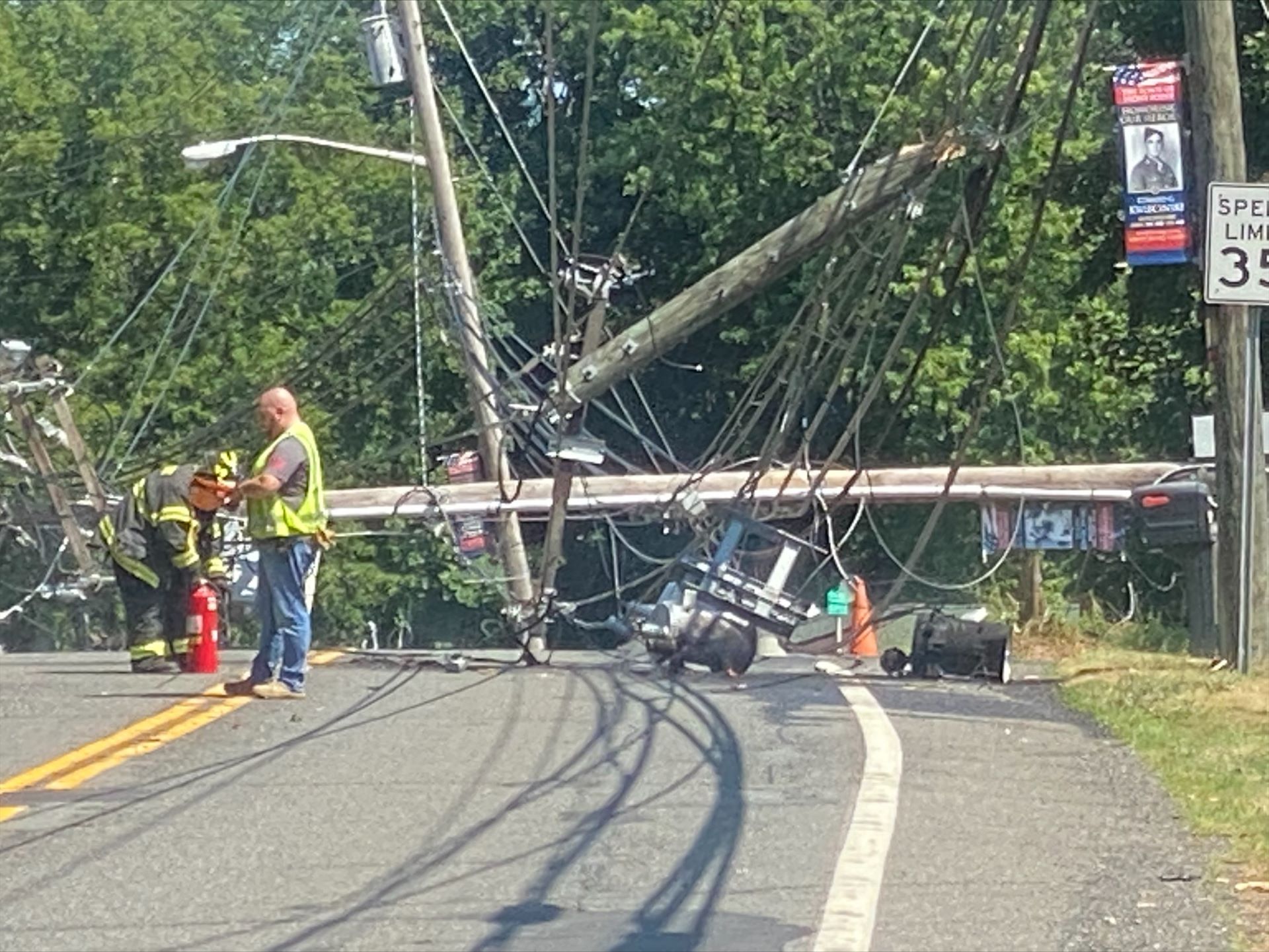 Car crash knocks down 2 utility poles and transformers in Stony Point