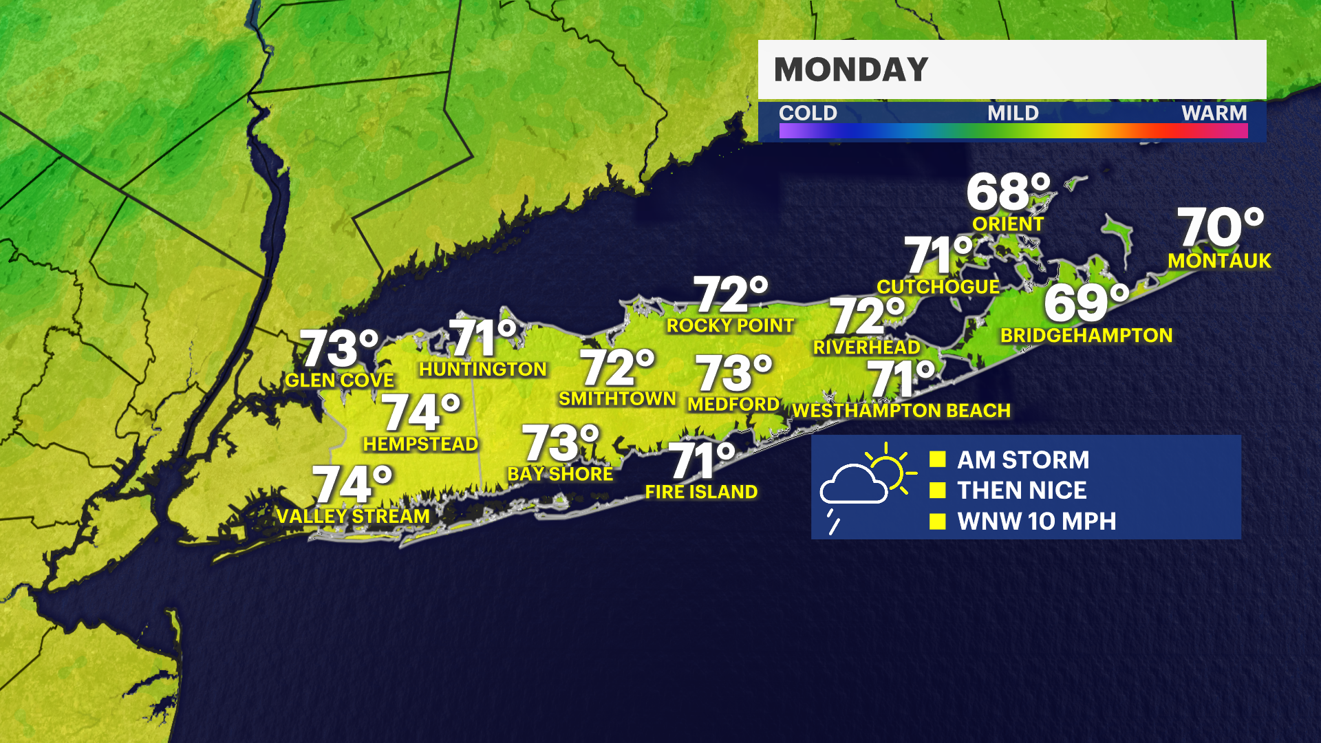 Morning rain, mild temperatures Monday on Long Island