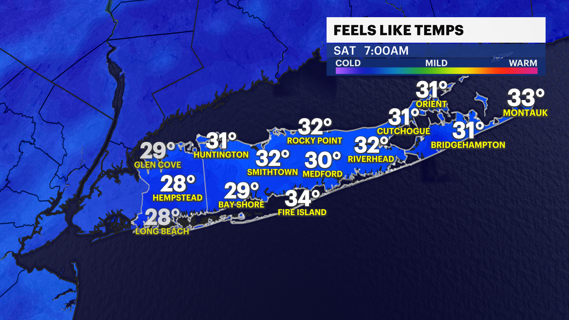Cold and dry overnight on Long Island ahead of a rainy Saturday evening